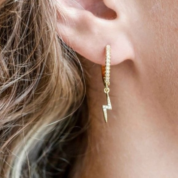 Jewelry | Pave Lightening Bolt Cubic Zirconia Dangle Huggies Earrings ...